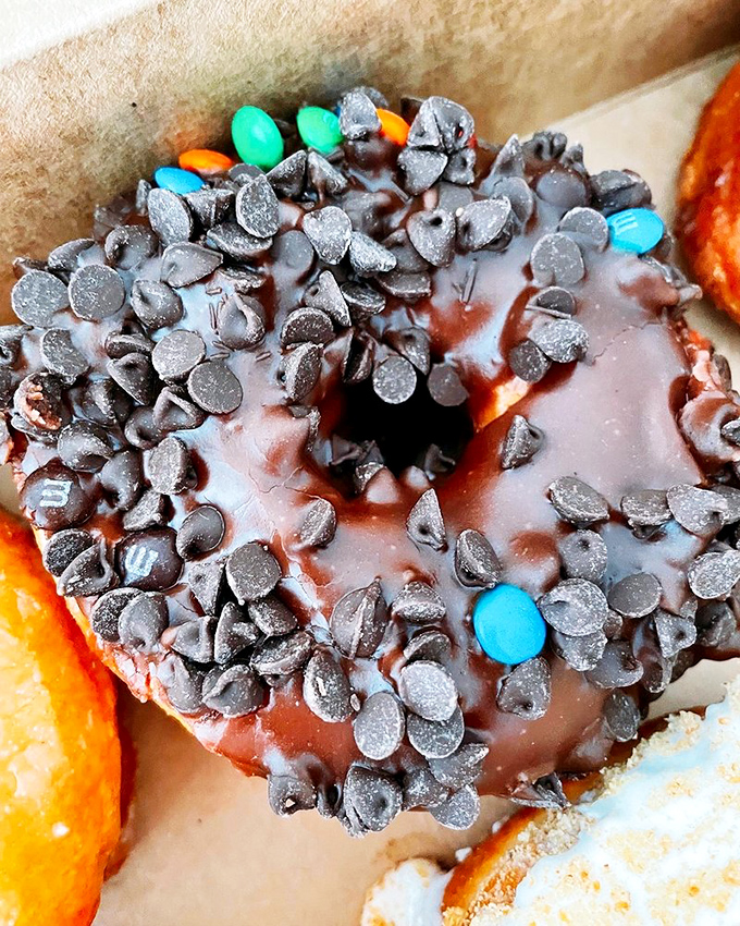 Chocolate chips nestled in chocolate glaze atop a chocolate donut—proof that sometimes more really is more, especially when chocolate is involved.