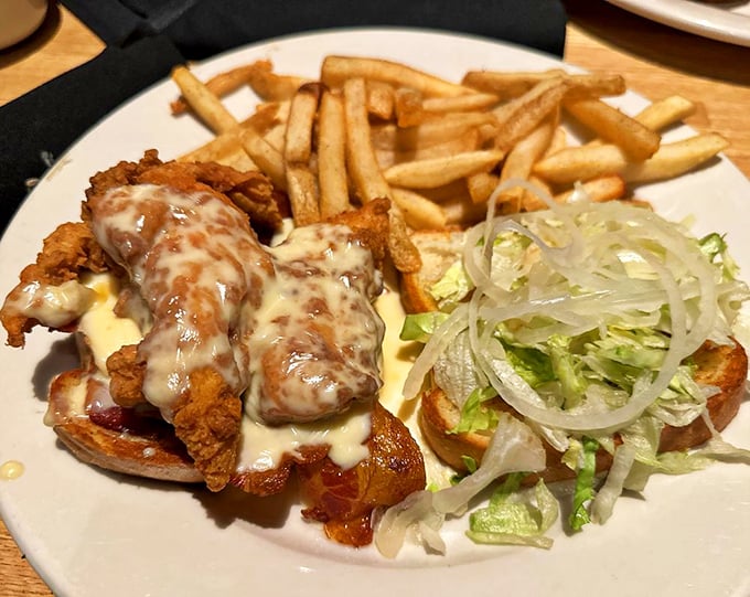 The fried chicken sandwich arrives with such golden perfection, it deserves its own trophy and acceptance speech. Those fries are the perfect supporting cast.
