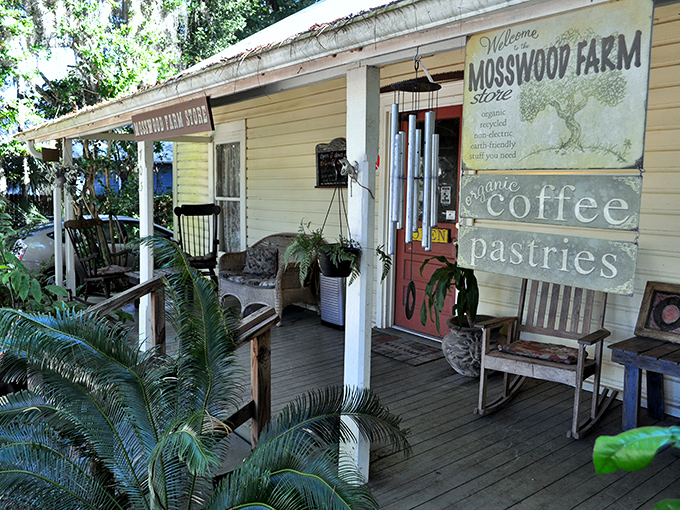 Mosswood Farm Store's front porch feels like a movie set, but the "organic coffee" and "pastries" signs promise something better than fiction—actual deliciousness.
