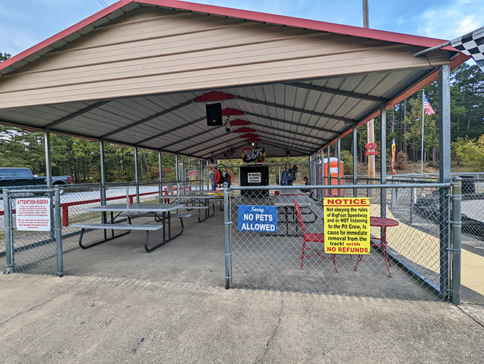 Between races, the covered picnic area serves as strategic headquarters where racing tactics are planned and victory celebrations unfold.
