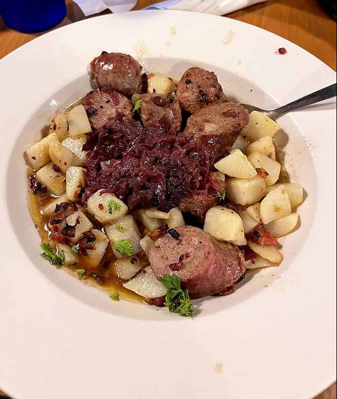 This isn't just sausage and potatoes—it's a Swedish symphony with lingonberry jam playing the sweet-tart solo that ties it all together.