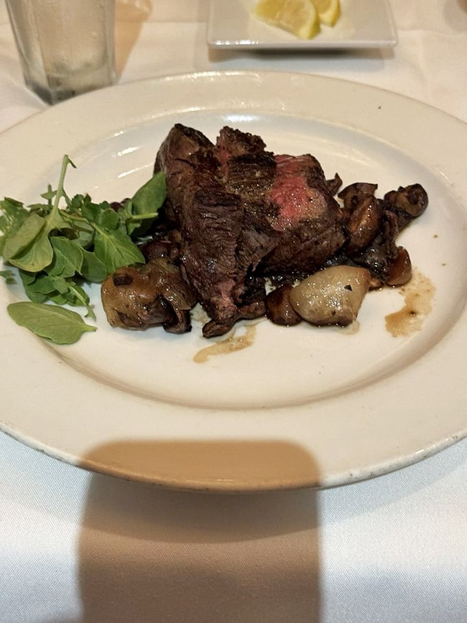 Perfectly pink slices lounging on a bed of mushrooms – the beef equivalent of someone who wakes up looking Instagram-ready.