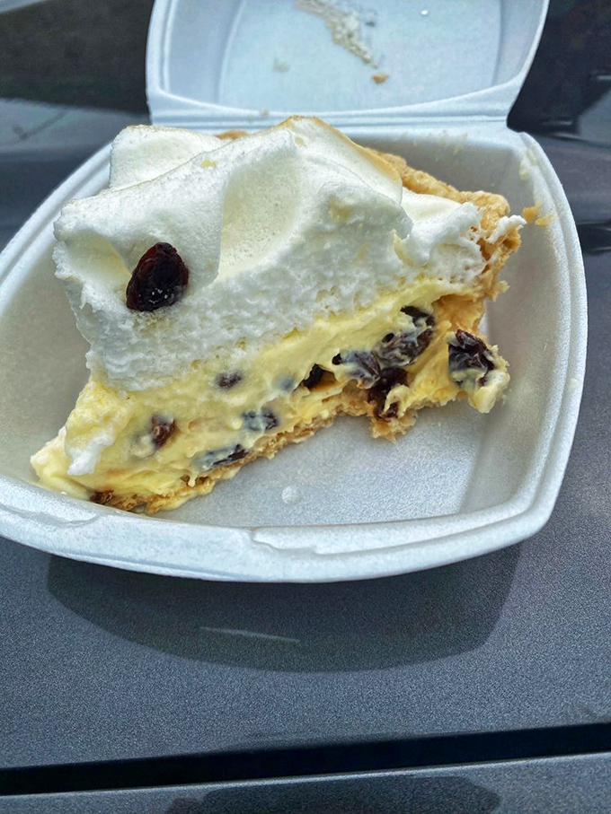 Even in a to-go container, this sour cream raisin pie maintains its dignity and allure—dessert worth driving across state lines for.