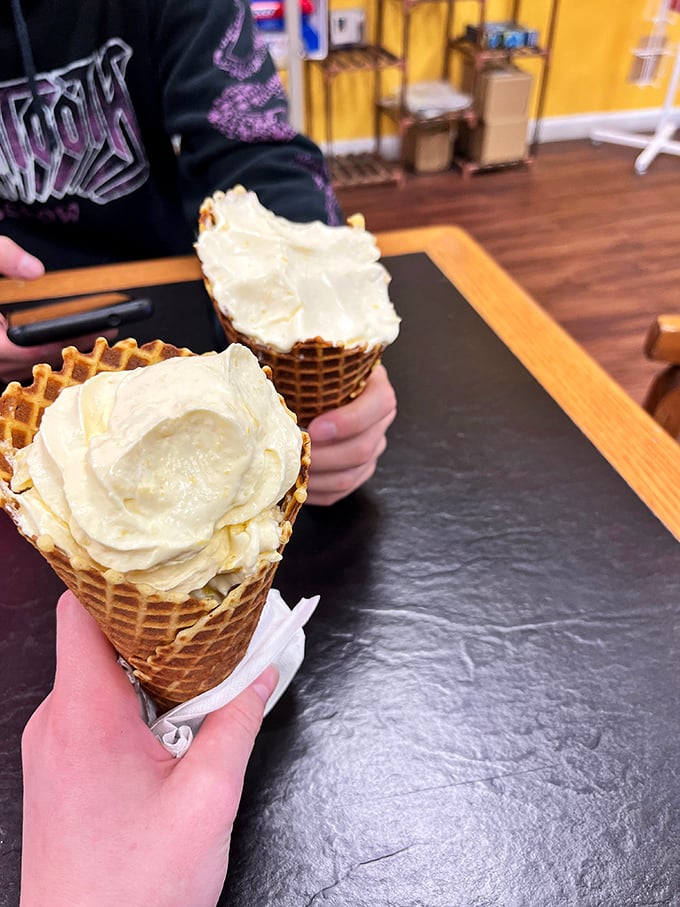 Vanilla so far from "vanilla" it should have its own synonym. The waffle cone, a homemade masterpiece, plays supporting actor to the creamy star.