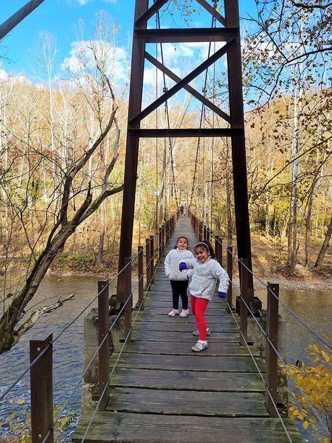 The swinging bridge connects more than just riverbanks—it bridges the present with Patapsco's rich past, offering adventures for visitors of all ages.