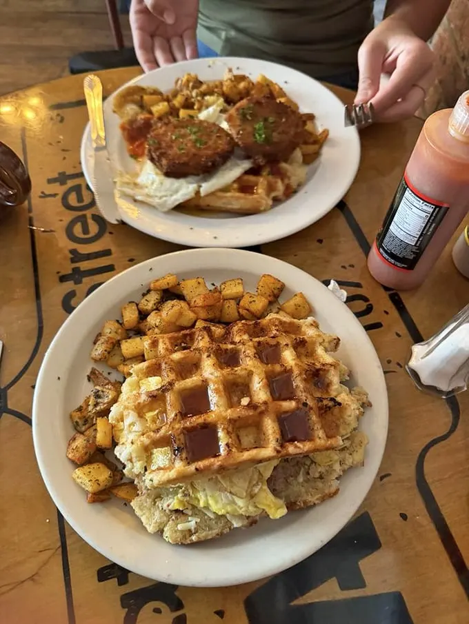 Breakfast sandwich architecture at its finest. When waffles replace bread, Monday mornings suddenly have potential.