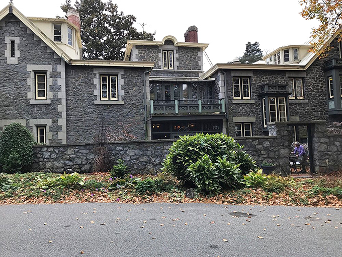 Stone walls that have weathered more than a century of Delaware seasons reveal the mansion's impressive backside – architecture that refuses to cut corners.