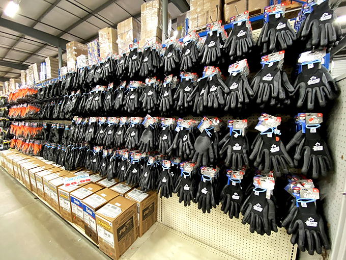A wall of work gloves that would make a hardware store blush. The ultimate "hands-on" shopping experience for the practically minded Hoosier.