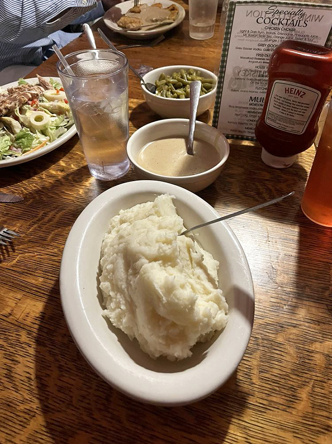 Behold the holy mountain—creamy mashed potatoes with gravy cascading down like a savory waterfall from the potato gods themselves.