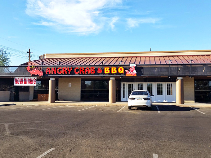 The Angry Crab's bold signage promises a gloriously messy seafood experience—better wear clothes you don't mind sacrificing to the cause.