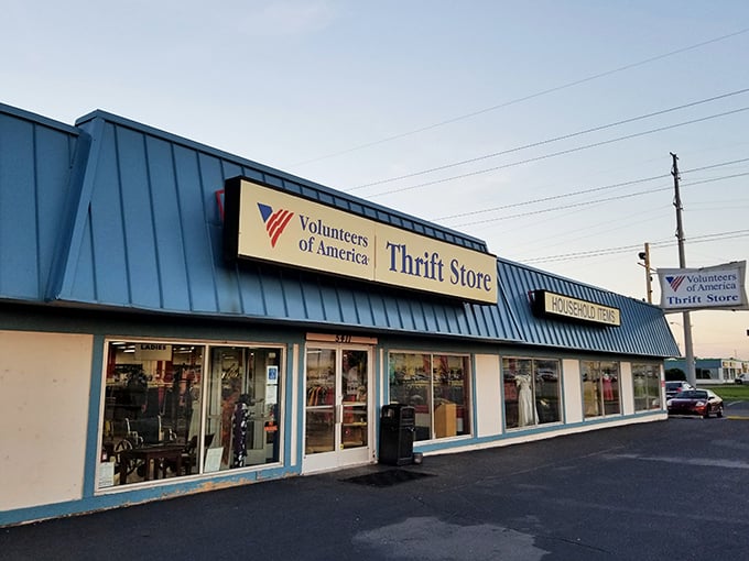The blue-roofed VOA on Cedar Street looks like it's dressed for a bargain party that never ends.