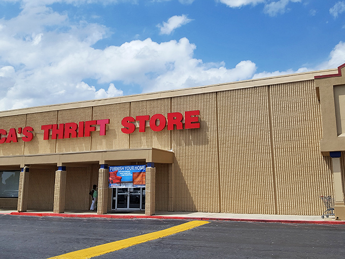 Even under cloudy skies, that bold red signage promises sunshine for your wallet – a bargain beacon in suburban Georgia.