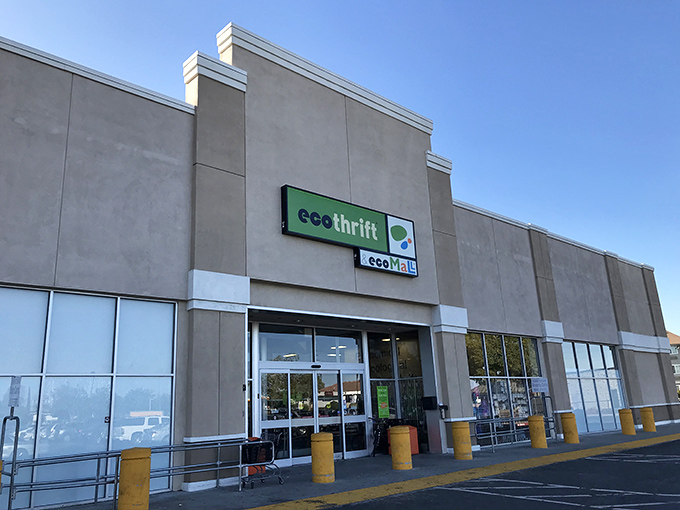 The no-nonsense exterior of Eco Thrift belies the treasure cave within. Those yellow posts stand guard over bargain paradise!