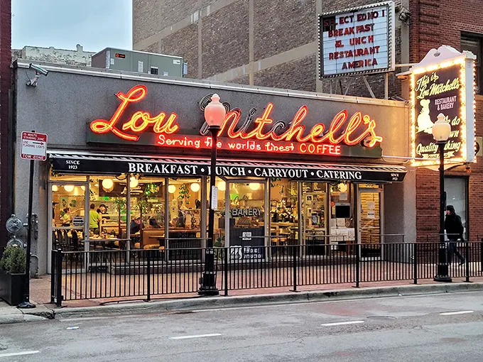 Fresh ferns frame Lou Mitchell's legendary storefront. Where breakfast has been an art form since Calvin Coolidge was president.