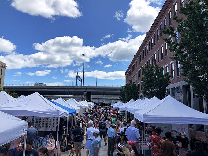 Sunday strollers fill SoWa's market streets, where farm-fresh produce meets artisanal crafts under Boston's summer skies.