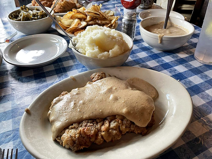 Chicken fried steak draped in gravy with a side of mashed potatoes—the Midwest's version of "I love you" served on a plate.