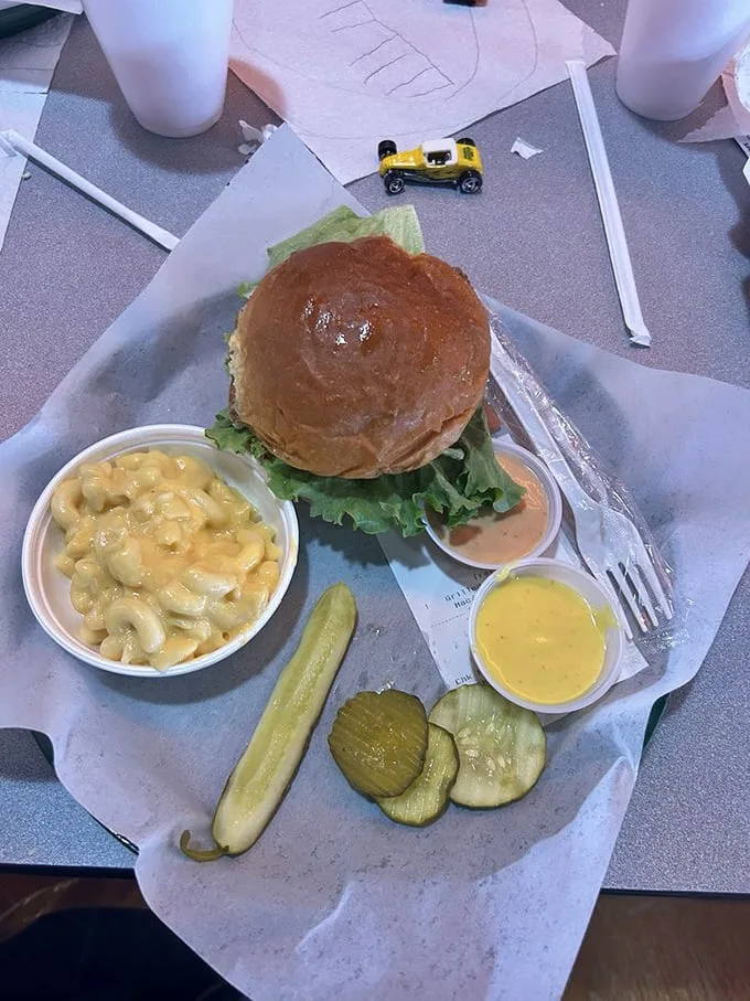 Who invited mac and cheese to the burger party? A genius, that's who. This plate is comfort food squared.