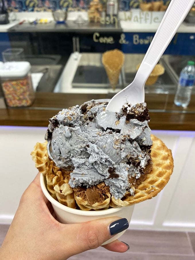 Ice cream on a waffle bowl—because sometimes the regular cone just won't cut it for this blue-hued masterpiece.