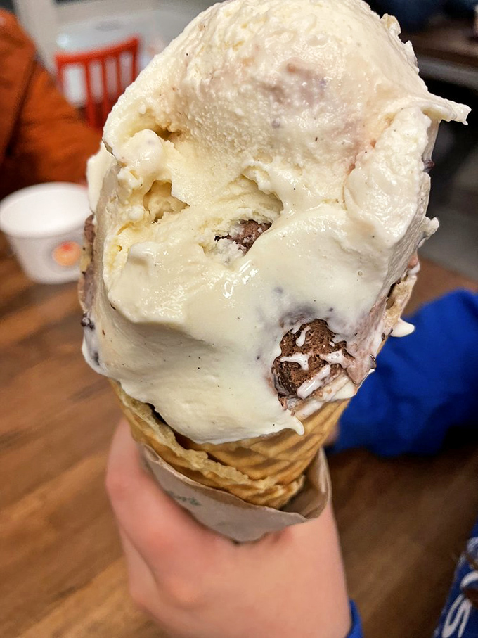 Vanilla ice cream playing host to chocolate chunks isn't just dessert—it's architecture. The structural integrity of those brownie pieces deserves an engineering award.