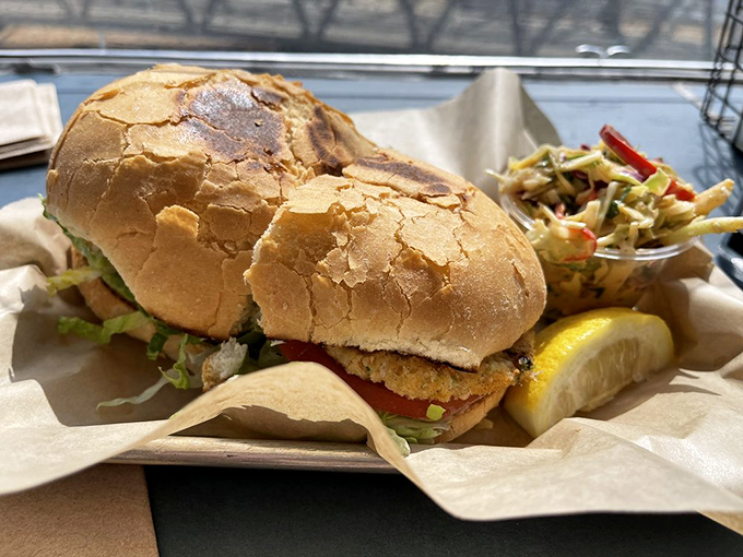 A sandwich that requires both hands and your full attention. This crab cake creation demands respect – and plenty of napkins.