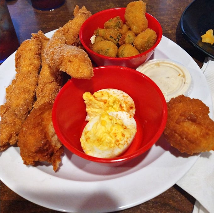 Golden-fried perfection with deviled eggs that would make your grandmother both proud and jealous. Comfort food that hugs you from the inside.