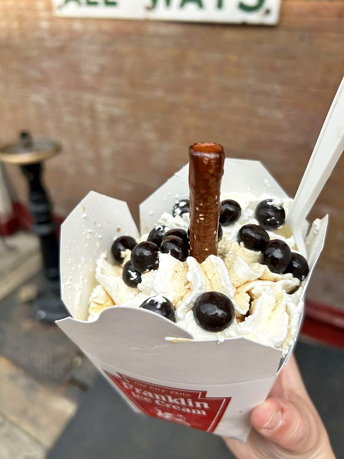 The Lightning Rod doesn't just satisfy—it electrifies with chocolate-covered pretzel rod standing tall amid chocolate-covered espresso beans and sweet cream.