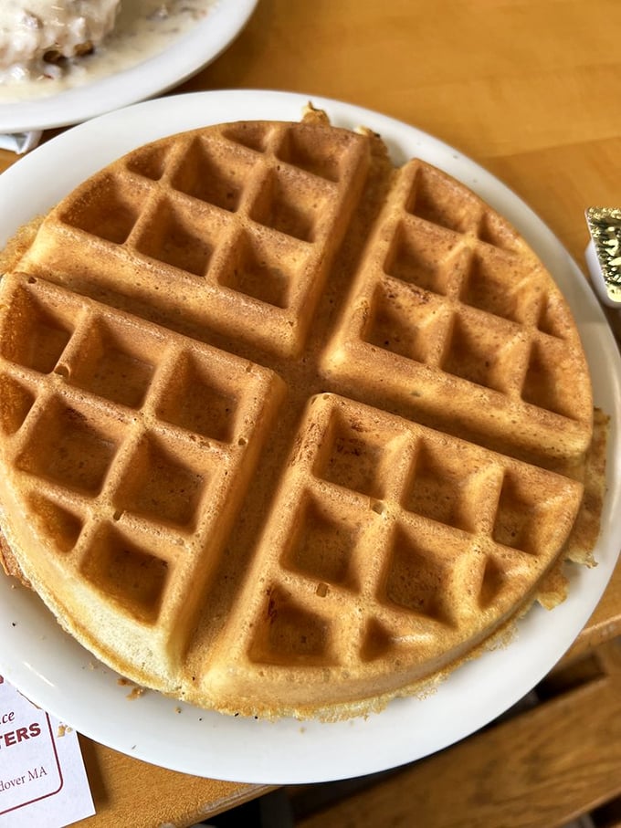 The perfect waffle exists, and here it is – a golden canvas of crispy exterior and fluffy interior, ready for your syrup masterpiece.