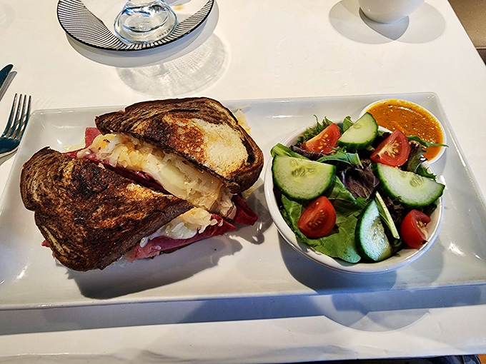 This Reuben doesn't need New York's approval—the perfectly grilled bread, melty cheese, and house salad create a lunch worth crossing county lines for.