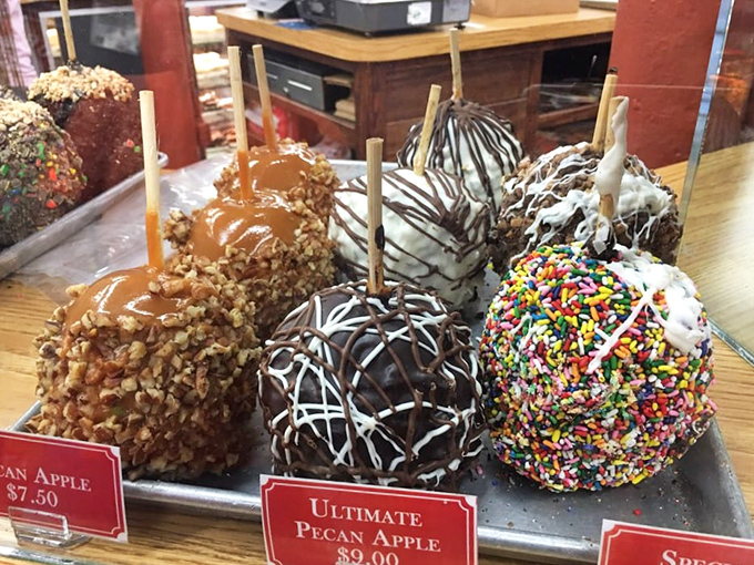 Caramel apples elevated to art form—from classic pecan to sprinkle-covered sugar bombs. These aren't your carnival apples; they're formal-occasion fruit wearing evening attire.
