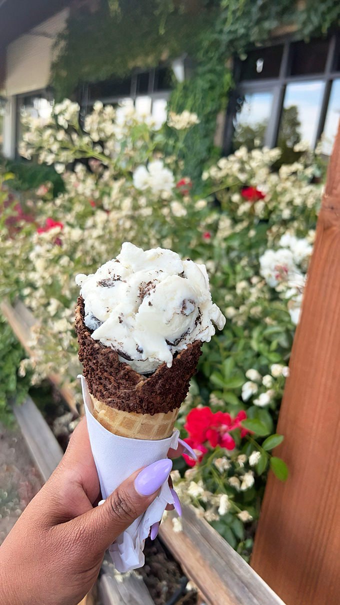 A cookies and cream cone dipped in chocolate with vanilla ice cream—proof that sometimes the classics become classics for very good reasons.