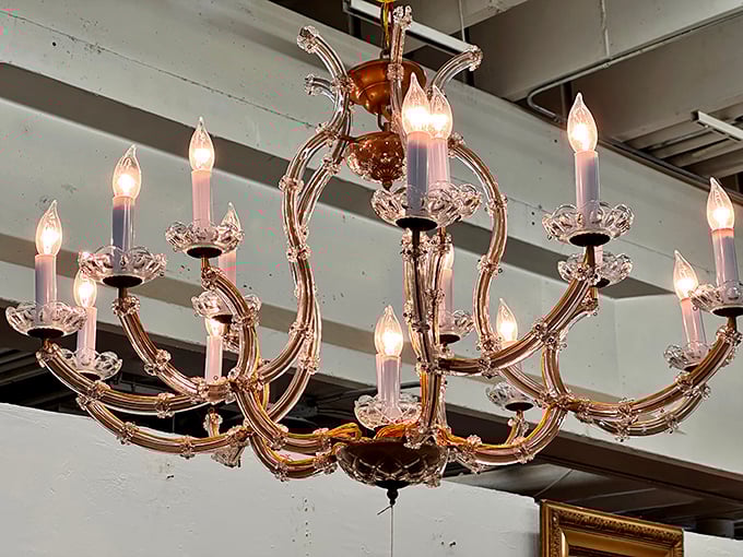 Crystal chandeliers hang like frozen fireworks. Imagine the stories this one could tell about the dinner conversations it's illuminated over decades.
