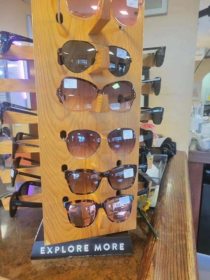 Shade seekers will flip for this rotating display of sunglasses—designer knockoffs and genuine finds alike, all priced less than your morning latte.
