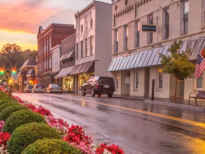 After rain, Washington Street glows with that magical light photographers chase for decades. Those flower beds aren't just pretty—they're a community's love letter to itself.