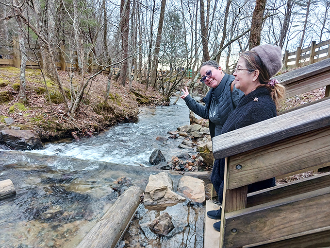 Water brings people together, even in the quieter seasons. These visitors discover that nature's simple pleasures—like a rushing creek—spark conversation better than any social media post.