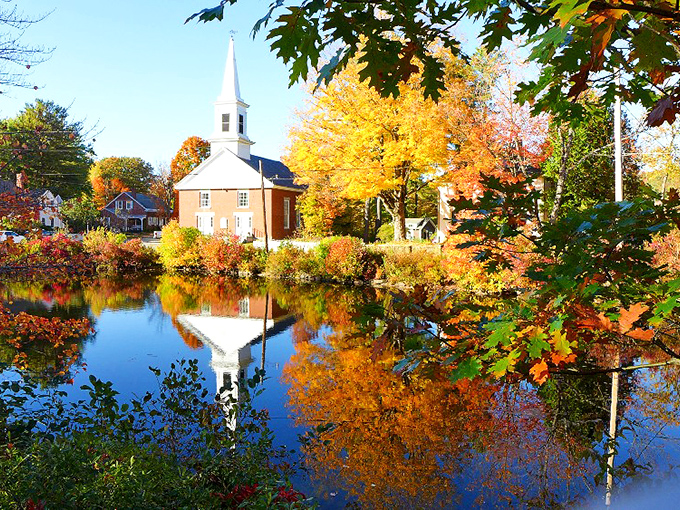 Harrisville's church perfectly reflected in still waters—a Norman Rockwell painting come to life in the New Hampshire countryside.