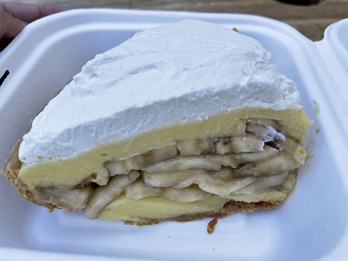 Even in a to-go container, the banana cream pie maintains its dignity and structure – the dessert equivalent of wearing a tuxedo to the beach.