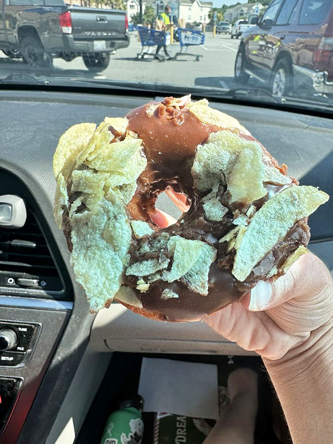 The Couch Potato donut laughs at your diet plans—potato chips and chocolate dancing together in an unlikely but glorious partnership.