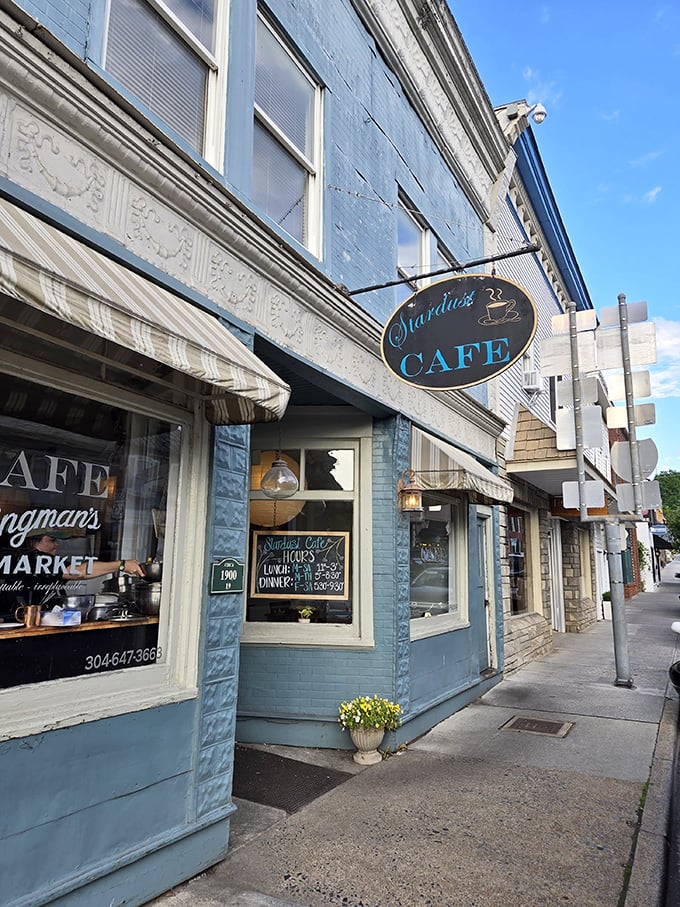 Stardust Cafe's blue façade stands out on Washington Street like a culinary beacon, promising locally-sourced delights within.