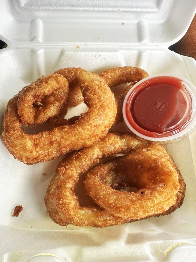 Onion rings that could double as golden halos—crispy, substantial, and worthy of dipping into that little cup of heaven.