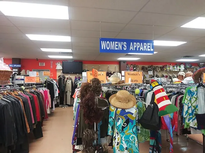 The women's apparel section, where vintage patterns and contemporary styles peacefully coexist. Fashion time travel at prices that make experimenting delightfully guilt-free.