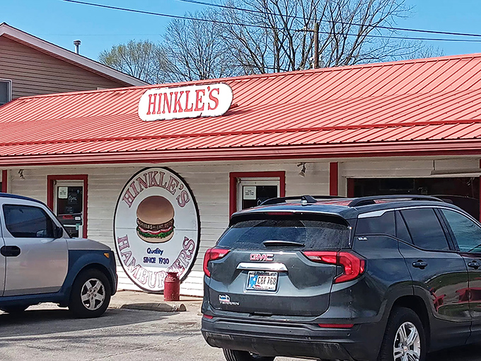 Hinkle's bold red roof signals burger perfection like a lighthouse guiding hungry sailors to crispy-edged nirvana.