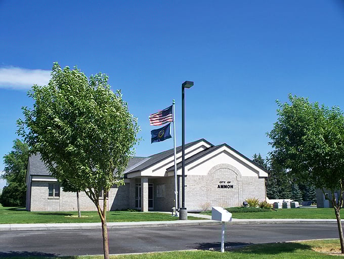 Clean streets and tree lined buildings come standard in Ammon. Those crosswalk signs aren't kidding – life here moves at a pleasant pace.