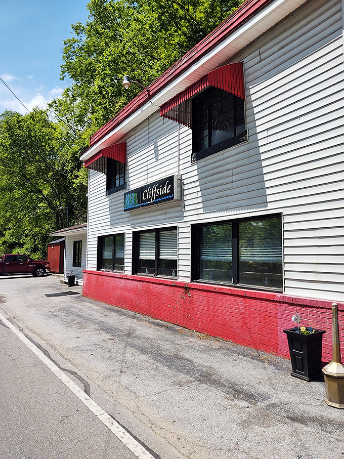 Cliffside Diner: White siding, red trim, and the promise of pancakes—the universal language of "pull over, you're gonna be happy here."