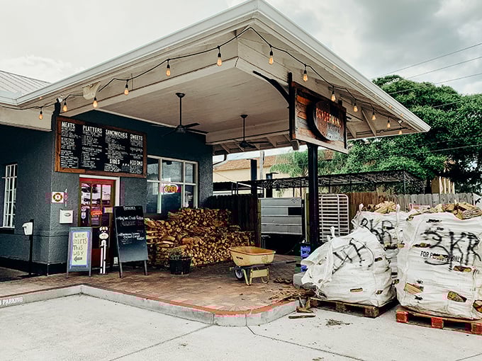 This former gas station now fuels people with something much more satisfying – perfectly smoked meats under string lights.