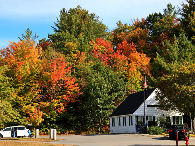 Fall foliage frames this white chapel perfectly – making even non-believers consider attending a Sunday service just for the view.