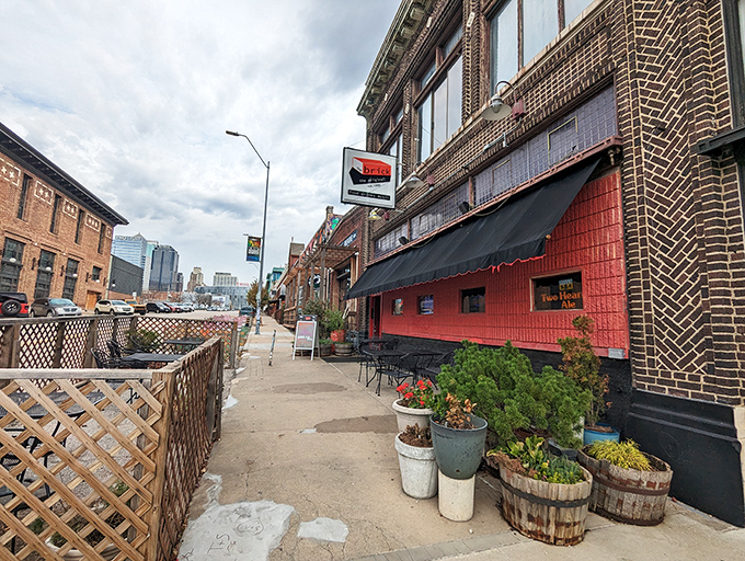 Sidewalk tables at The Brick invite you to savor your burger while watching city life unfold – dinner and a show, Missouri-style.