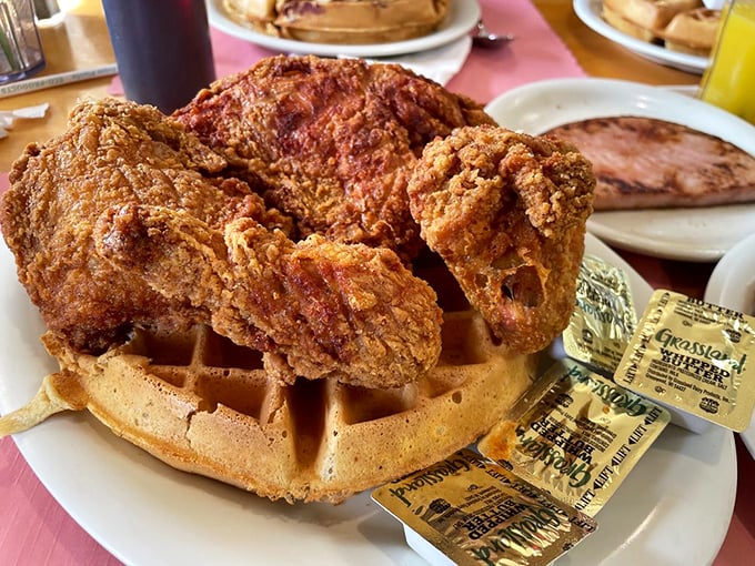 Southern comfort meets New England sensibility in this bone-in chicken and waffle combo that's worth setting your alarm for.