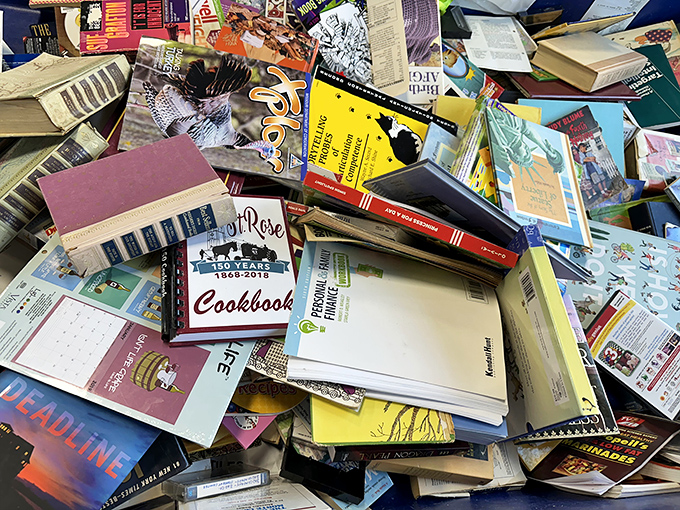 Literary archaeology at its finest – cookbooks, classics, and forgotten bestsellers creating layers of culture like sedimentary rock formations of knowledge.