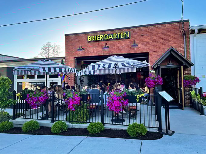 Briergarten's outdoor patio blooms with purple flowers and striped umbrellas – the perfect setting for craft beers and German-inspired fare.