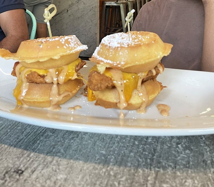 Chicken and waffles: the breakfast equivalent of a mullet—business on the bottom, party on top. This savory-sweet masterpiece proves opposites really do attract.